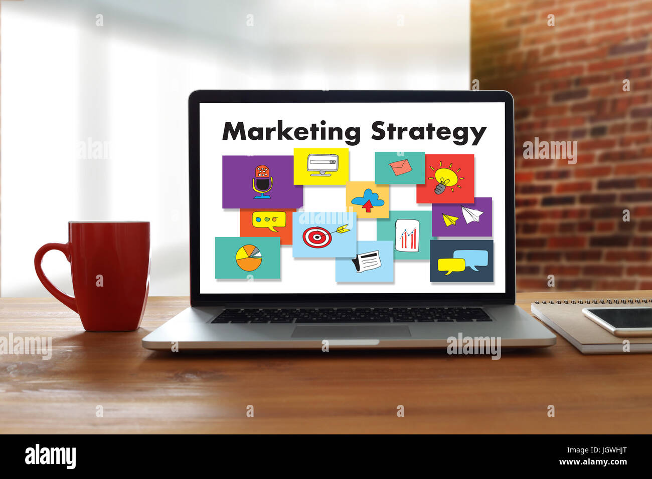 Marketing Strategy technology business man working on laptop computer ...