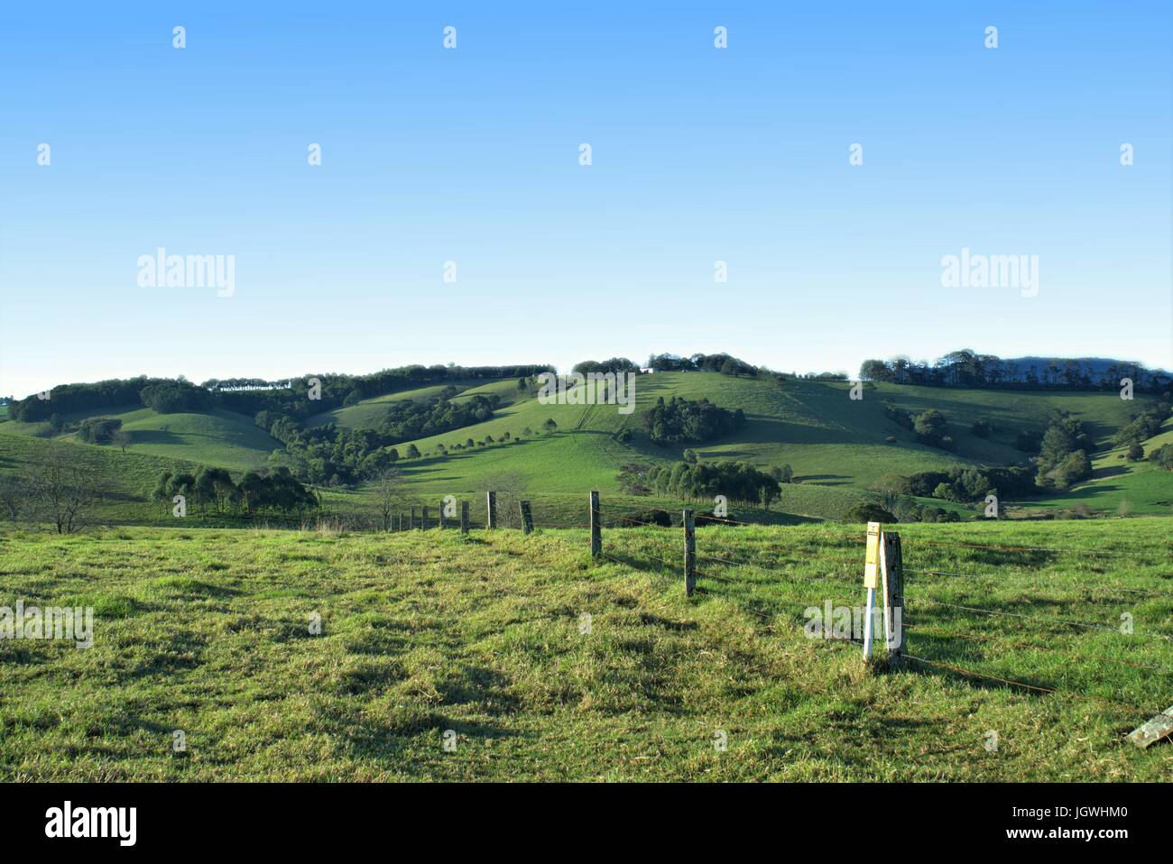 Beautiful scenery of countryside meadows, fenced grass landscape with ...