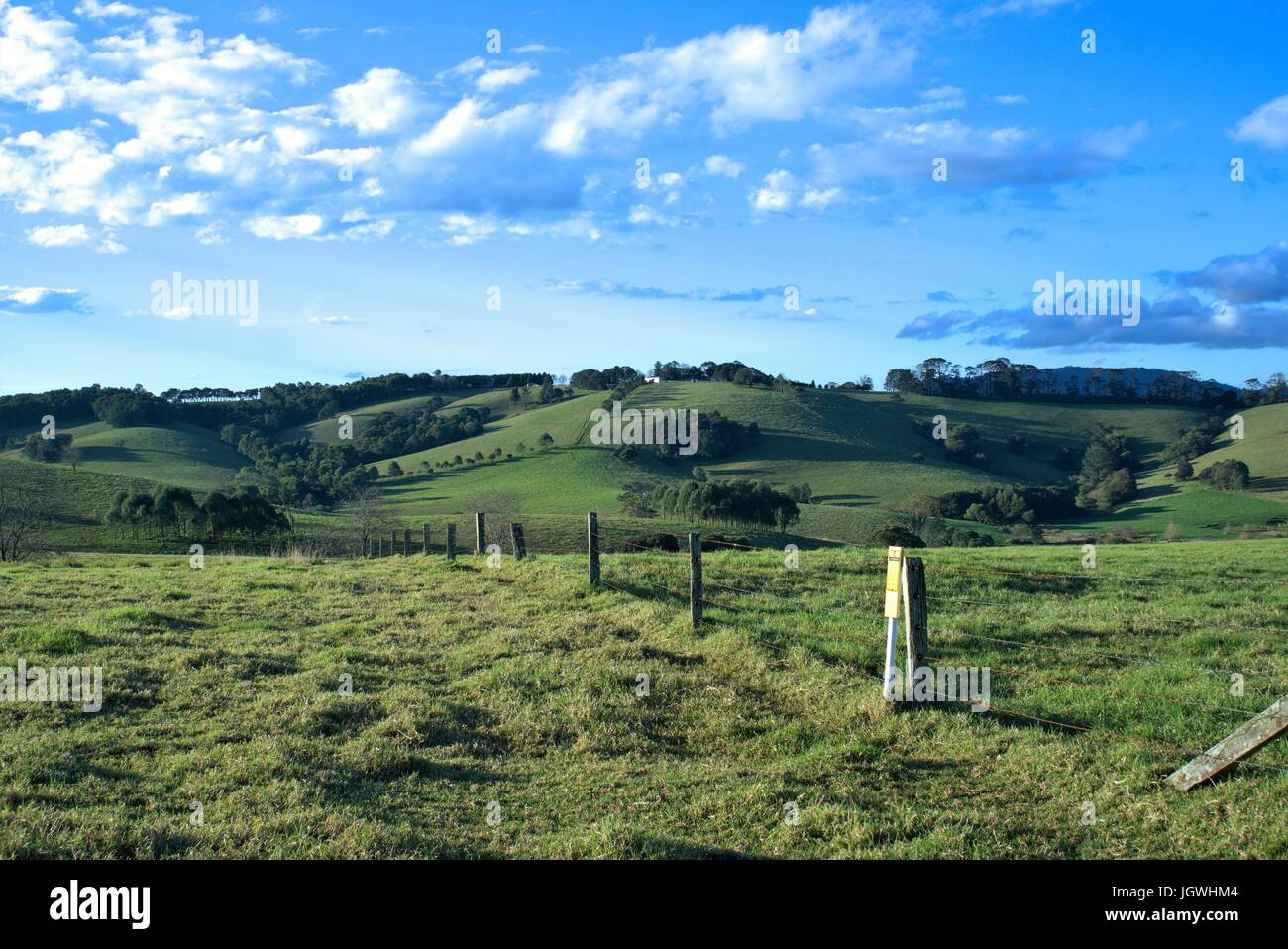 Beautiful scenery of countryside meadows, fenced grass landscape with ...