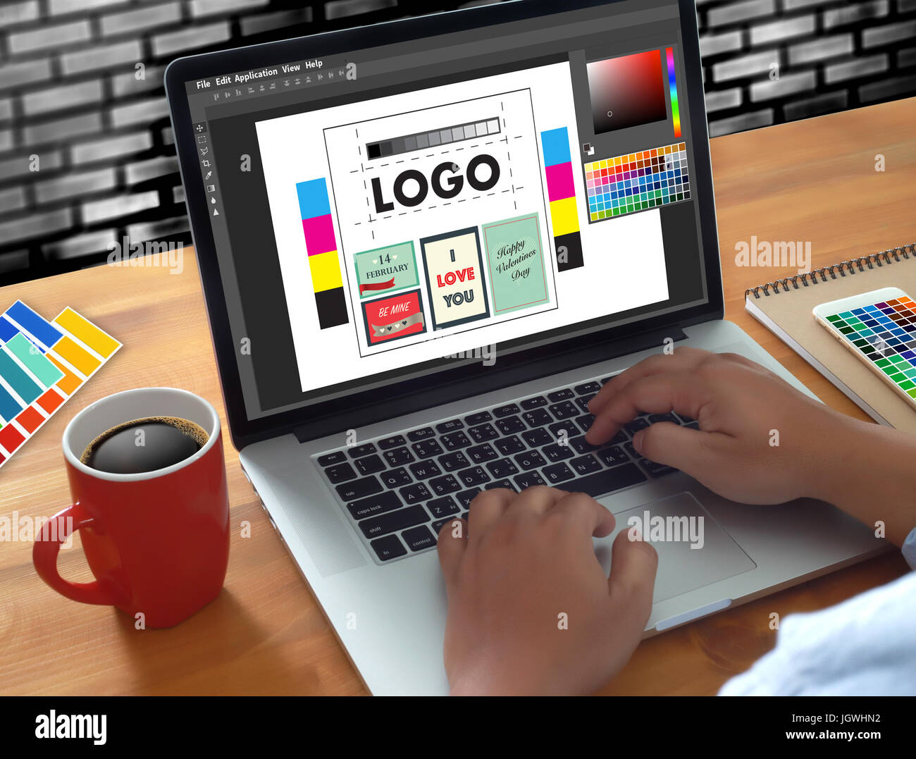 Creative Designer Graphic at work. Color swatch samples, Illustrator ...