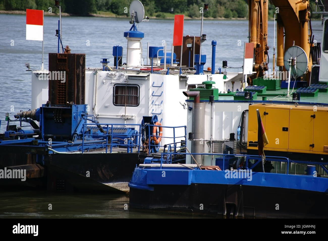 The side view on a ship deck with a cabin and equipment of an ...
