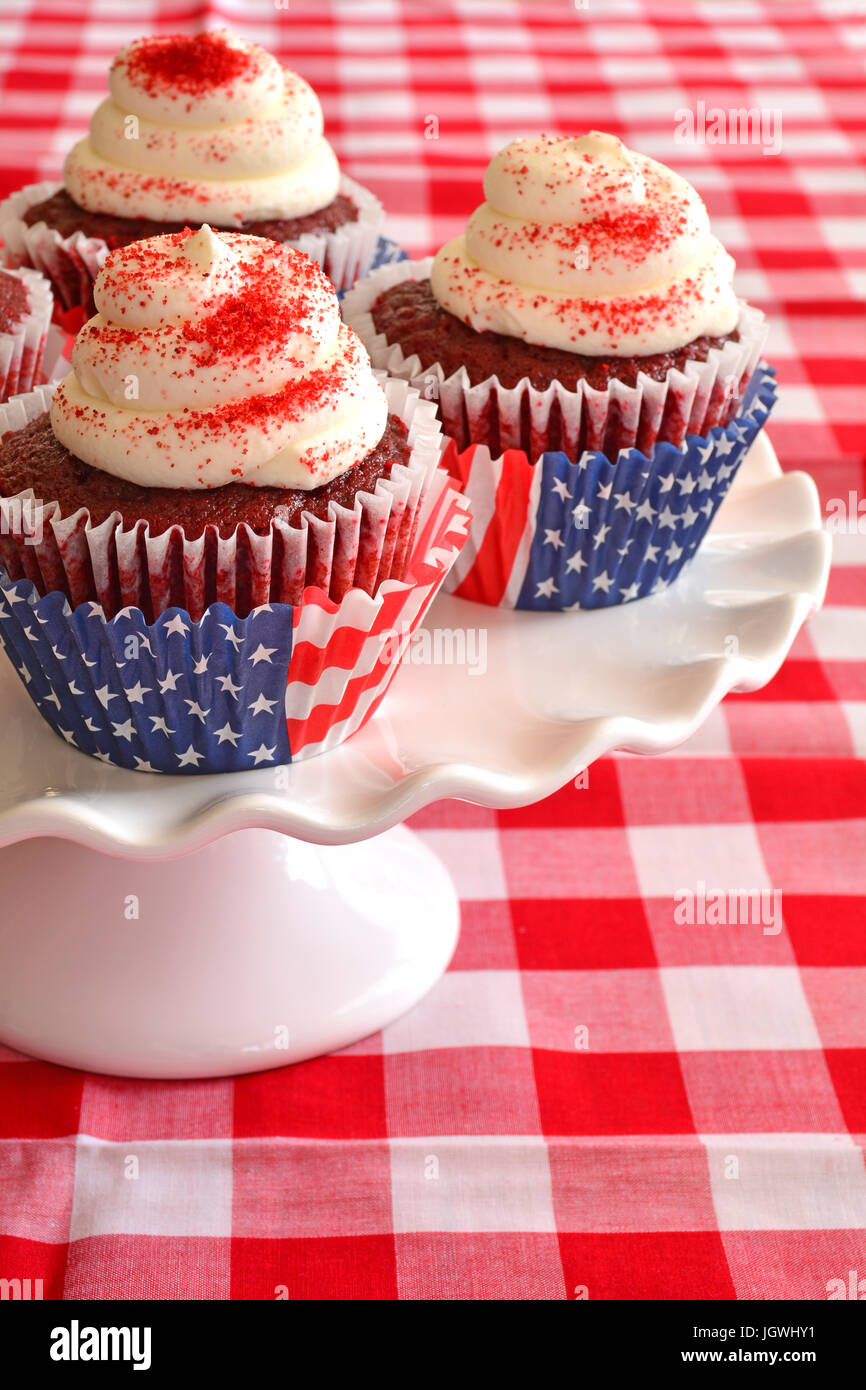 Red velvet cupcakes in vertical format with patriotic red, white and ...