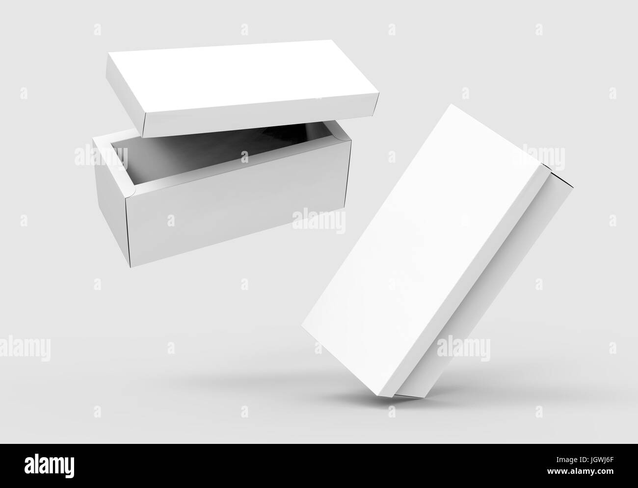 two floating blank white paper boxes for design uses, one open and the ...