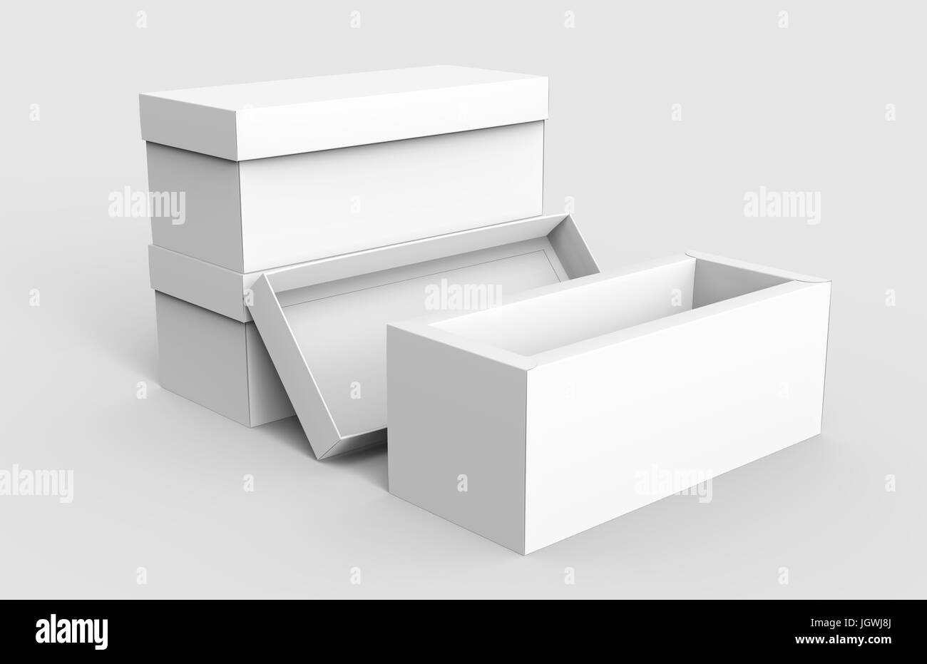three blank white paper boxes piled up with one open for design in 3d ...