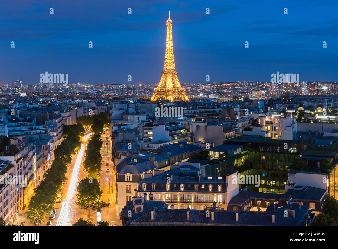 View of the the Eiffel Tower and the Paris city skyline into the ...