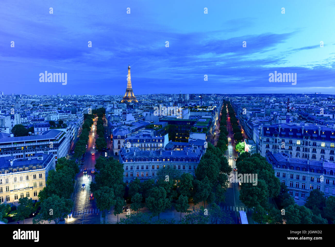 View of the the Eiffel Tower and the Paris city skyline into the ...