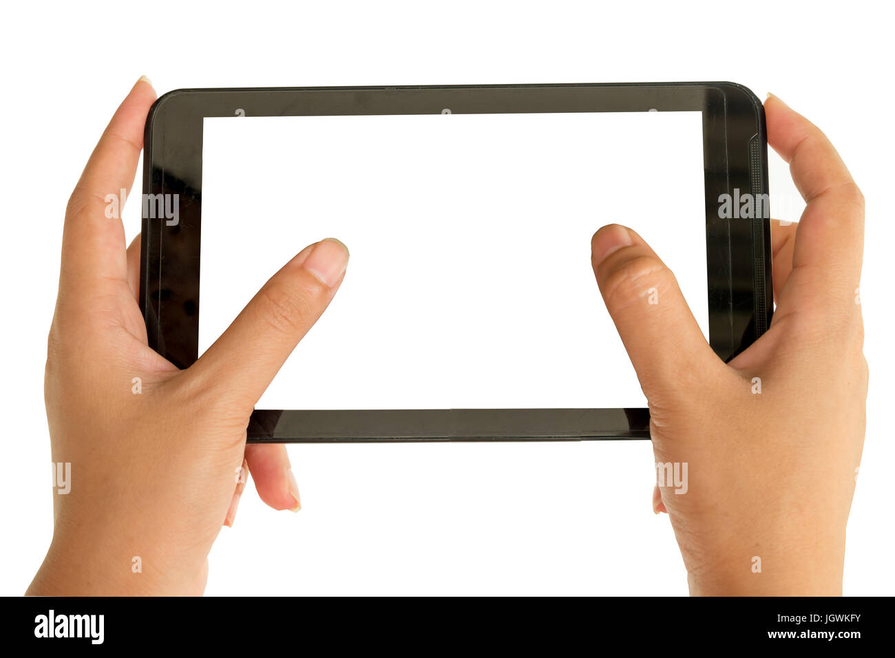 Hand holding a Tablet mobile with white screen on a white background ...