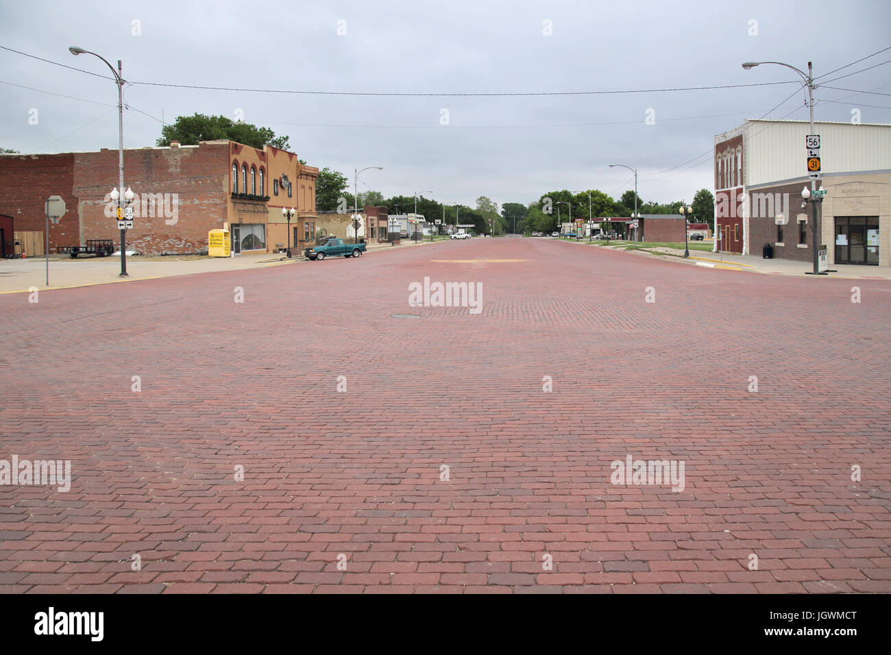 the very broad brick paved streets in Burlingame kansas Stock Photo - Alamy