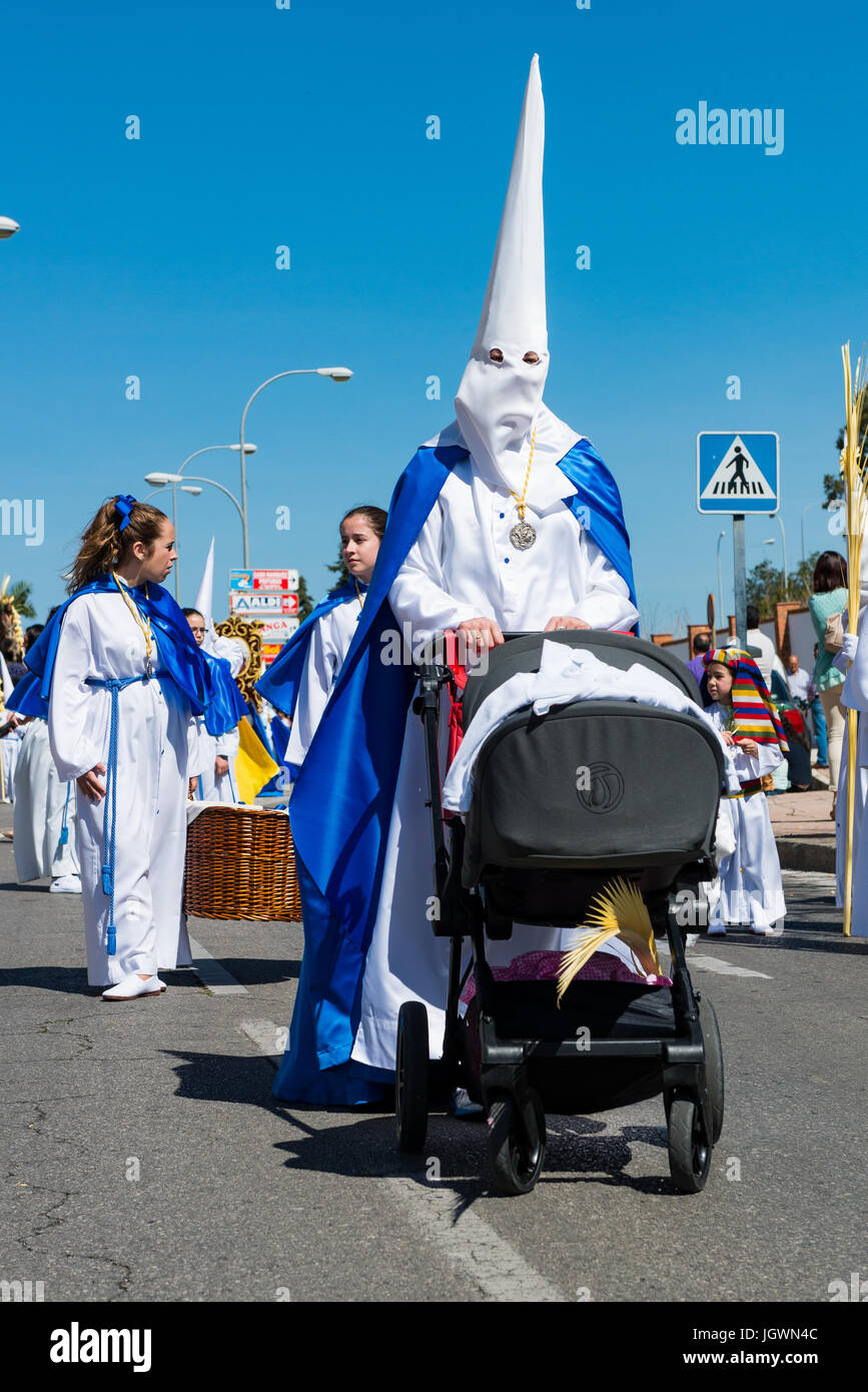 Penitents, Nazarenos, in their typical hooded robes, festivities of ...