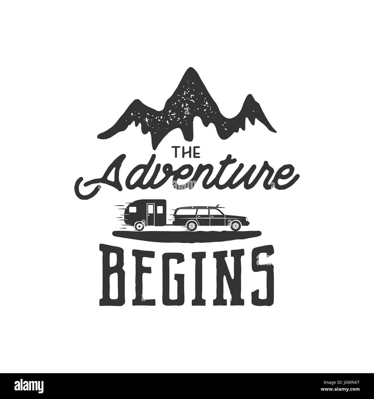 Vintage adventure Hand drawn label design. The Adventure Begins sign ...