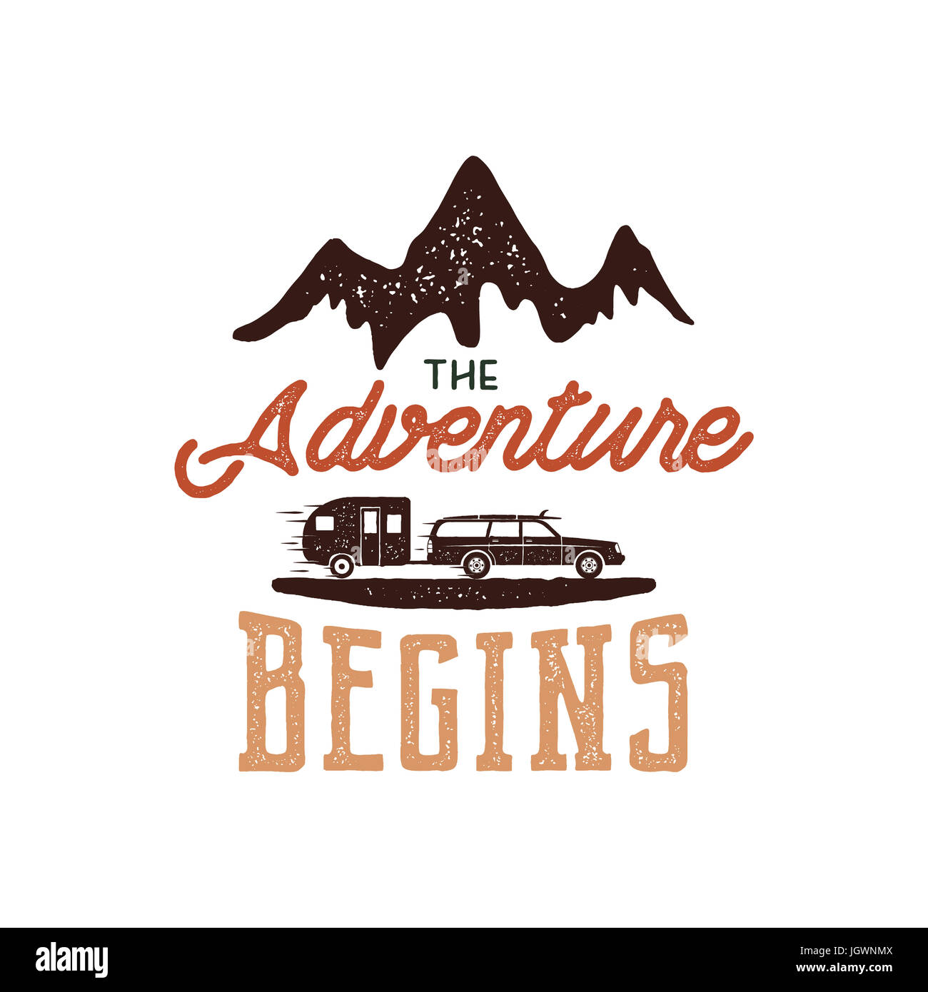Vintage adventure Hand drawn label design. The Adventure Begins sign ...