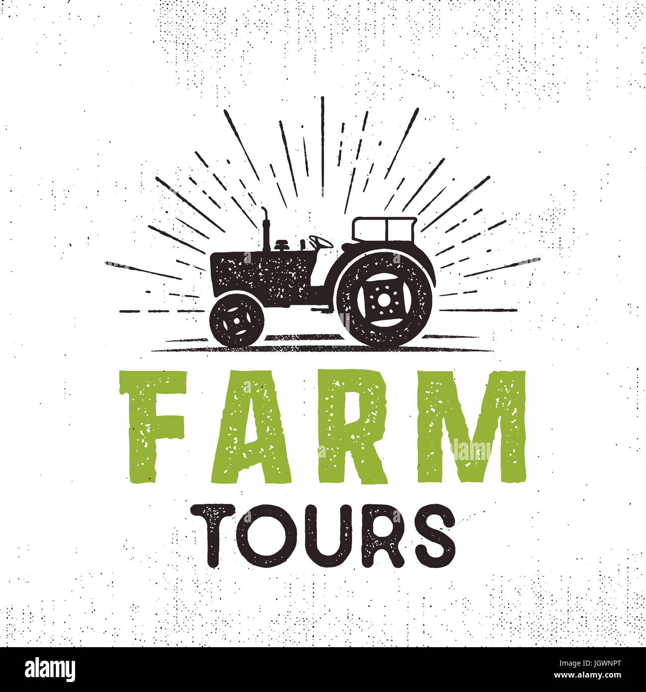Farm tours logo with tractor and sunbursts. Retro style. Black and ...