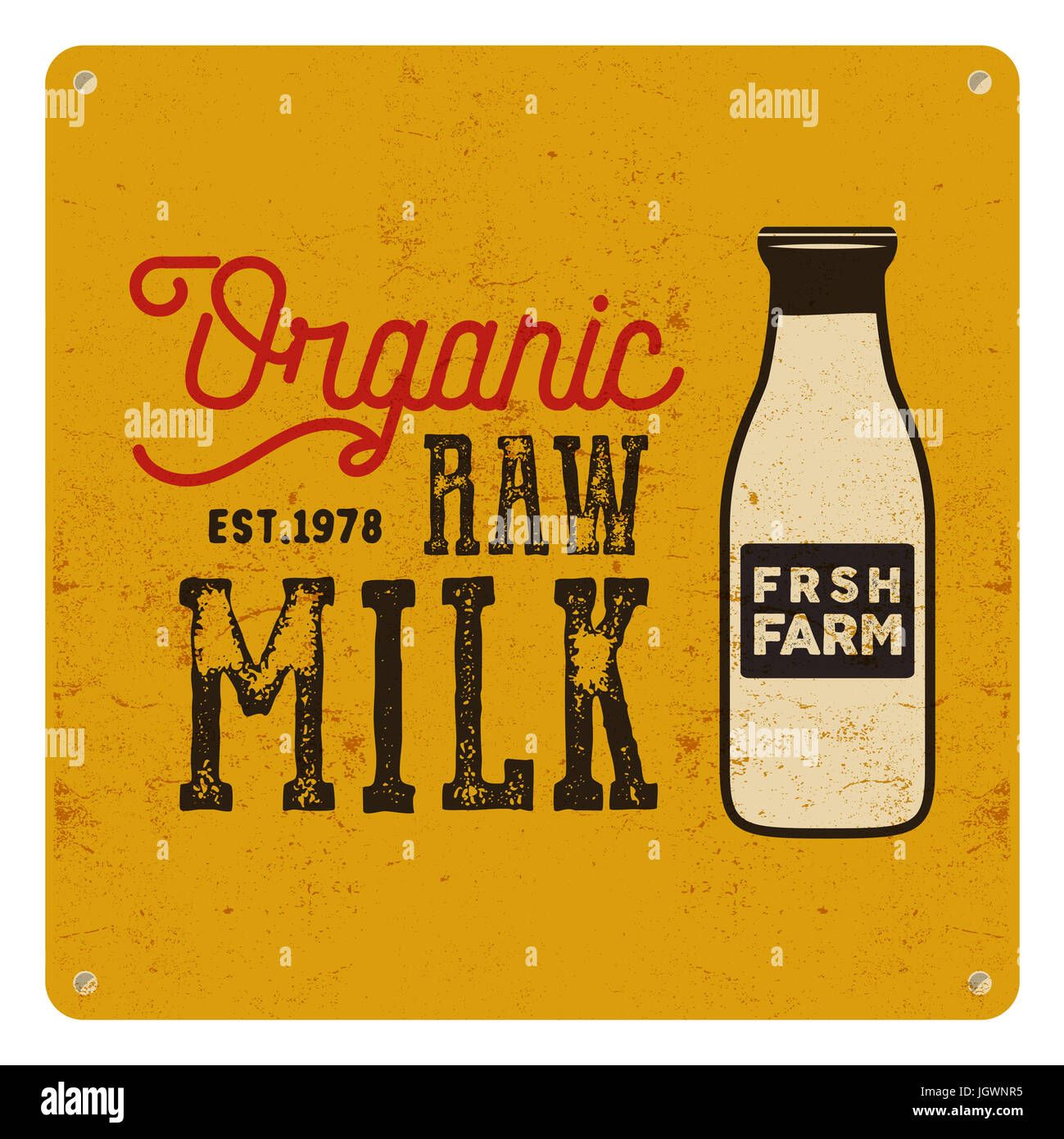 Vintage organic raw milk sign on yellow card, background. Retro classic ...