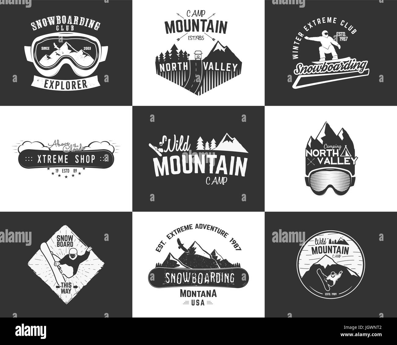 Set of Snowboarding extreme logo and label templates. Winter snowboard ...