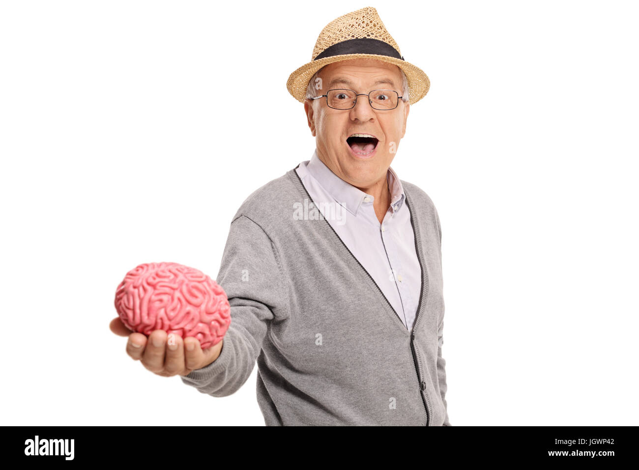 Mature man showing a brain model isolated on white background Stock ...