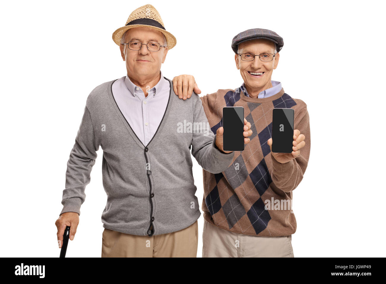 Seniors showing phones to the camera isolated on white background Stock ...
