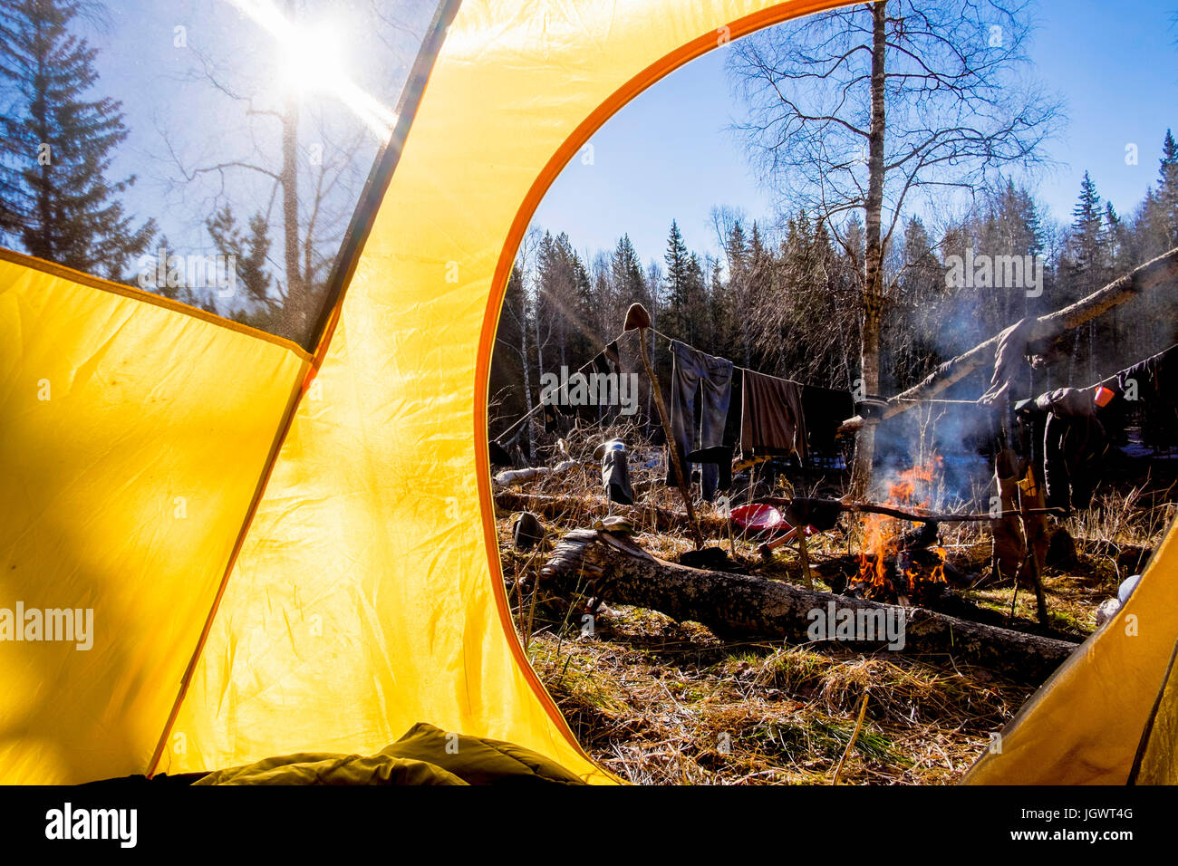 Clothes drying on washing line by campfire, Bolshoy Ural, Sverdlovsk ...