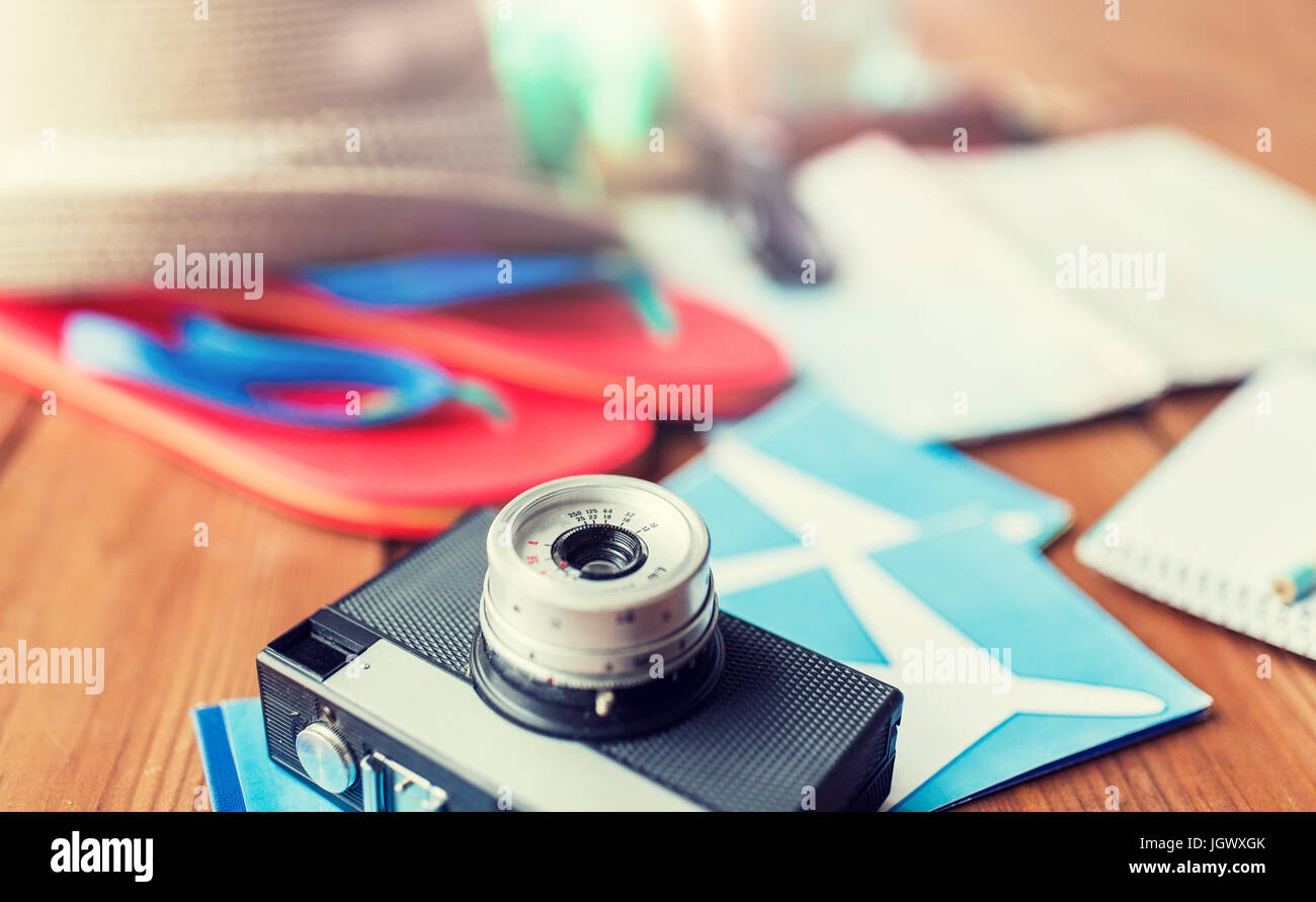close up of camera, tickets and travel stuff Stock Photo - Alamy