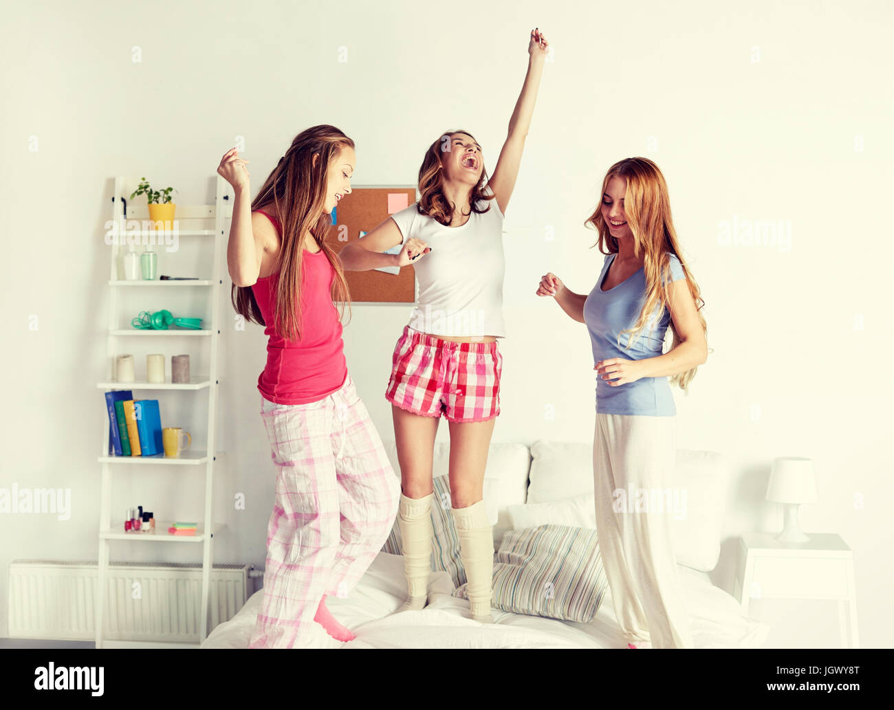 happy friends or teen girls having fun at home Stock Photo - Alamy