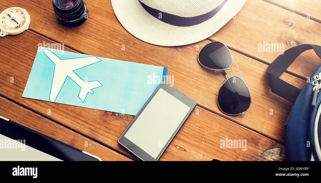close up of gadgets and traveler personal stuff Stock Photo - Alamy