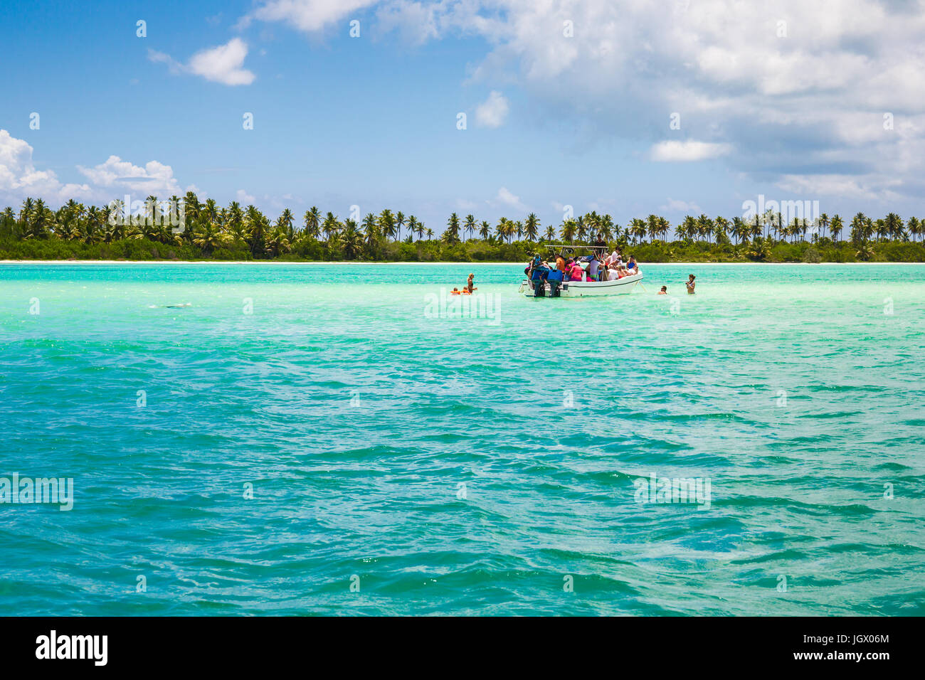 Boat with tourists in a natural sea pool. Dominican Republic Stock ...