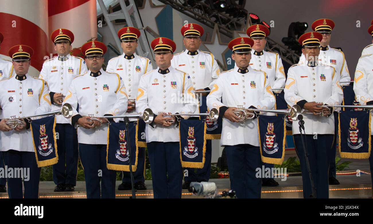 The U.S. Army Herald Trumpets accompany Sofia Carson as she sings the ...