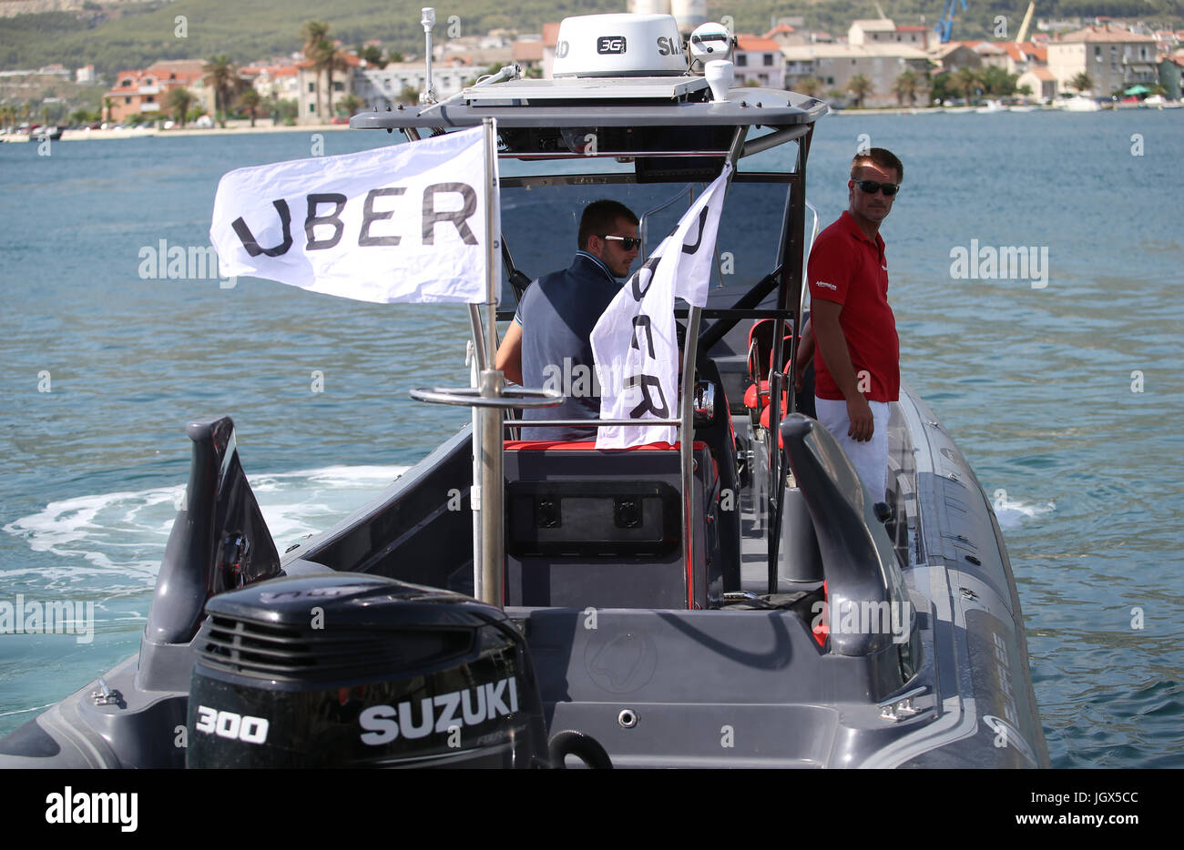 Split, Croatia. 10th July, 2017. A UberBoat sails near the coast of ...