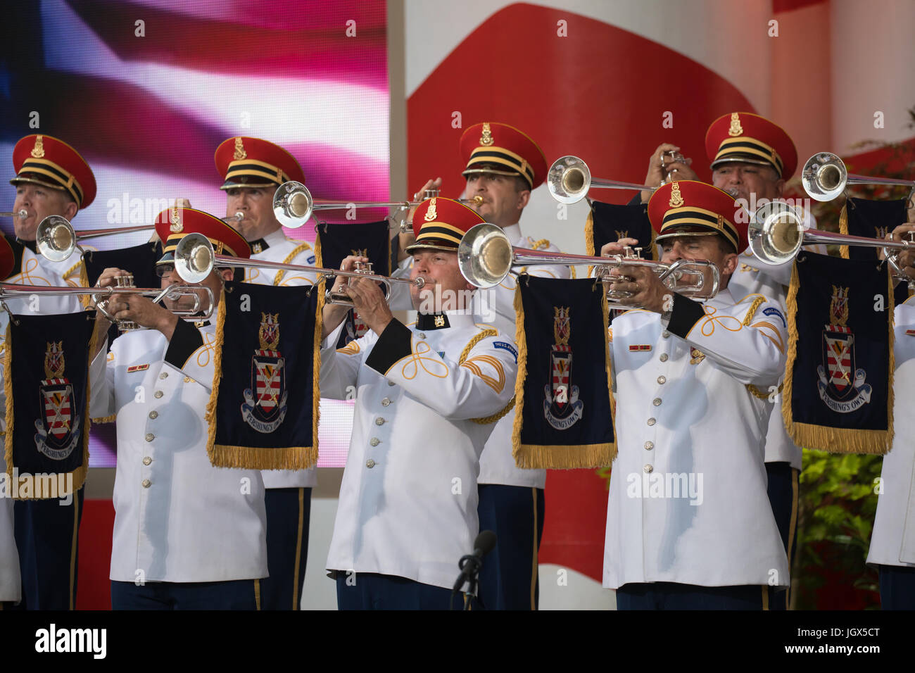 The U.S. Army Herald Trumpets accompany Sofia Carson as she sings the ...