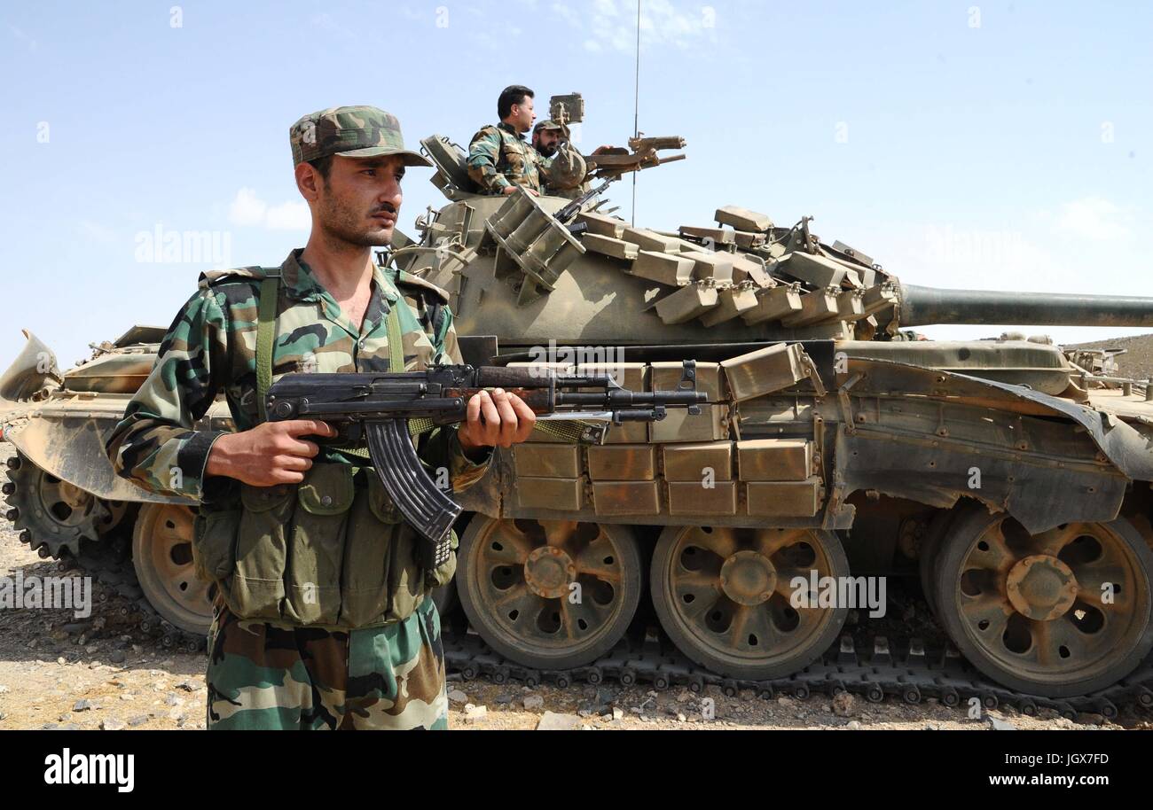 Sweida. 11th July, 2017. Syrian soldiers patrol in the desert of Sweida ...
