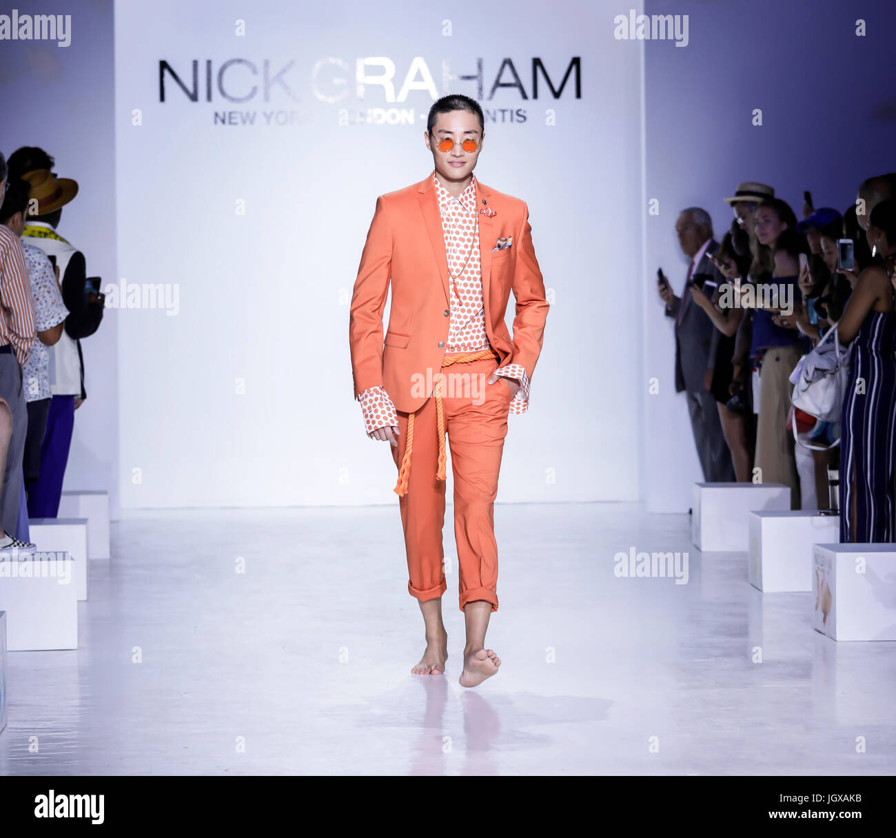 New York, USA. 11th July, 2017. A model walks runway for Nick Graham Spring/Summer 2018 runway ...