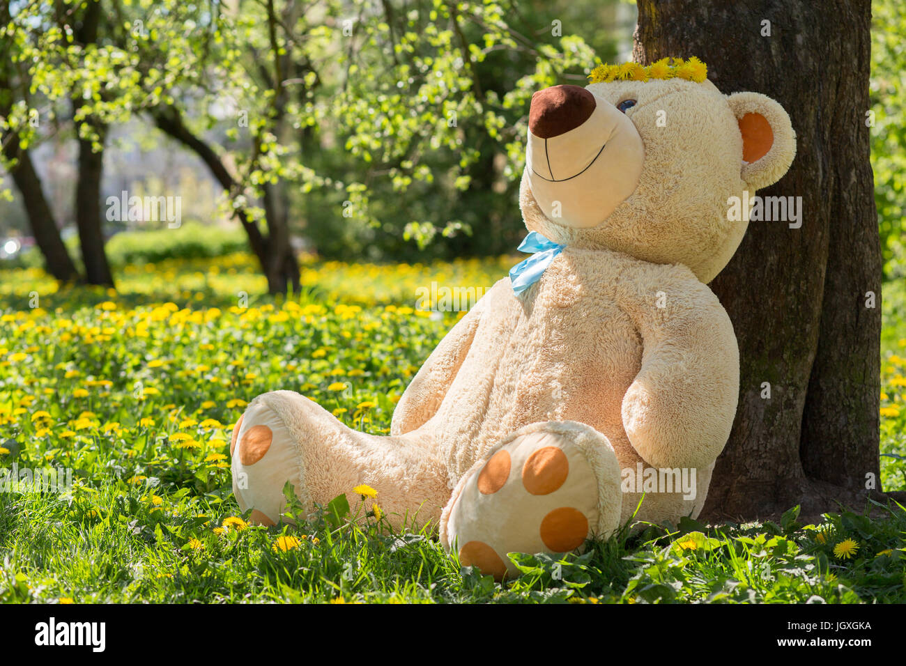 big teddy bear sitting under blowing trees Stock Photo - Alamy