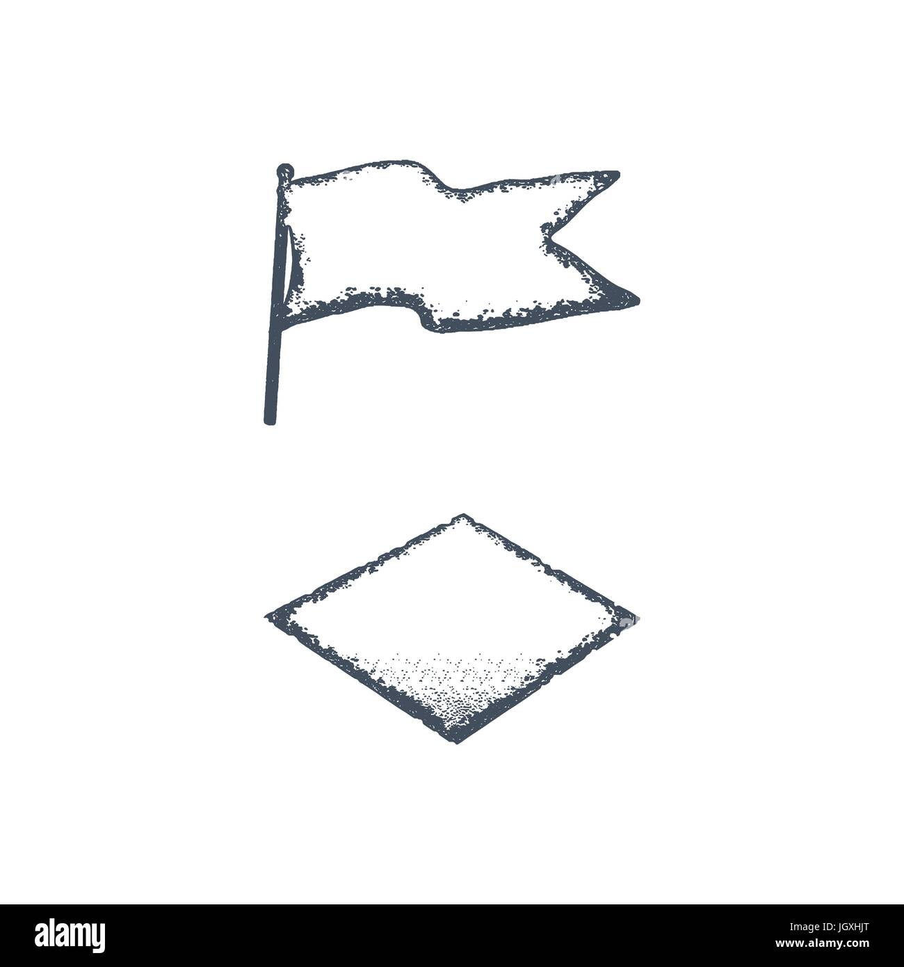 Hand drawn blank vintage flag and rhombus shape. Retro roughen style ...
