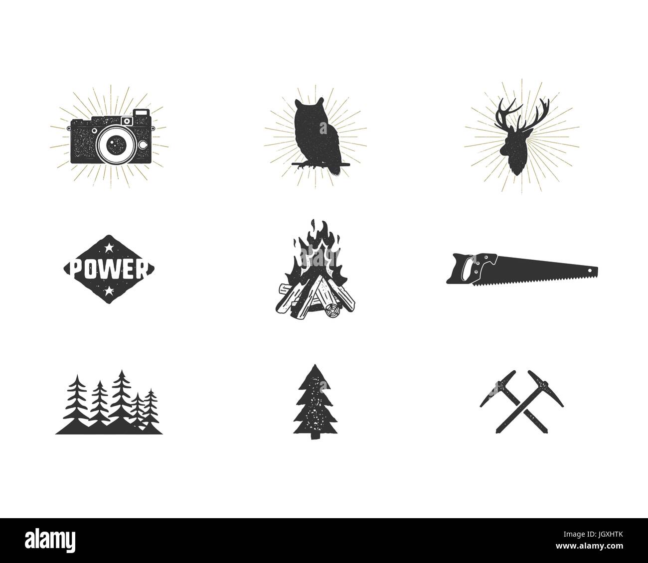 Outdoor adventure silhouette icons set. Climb and camping shapes ...