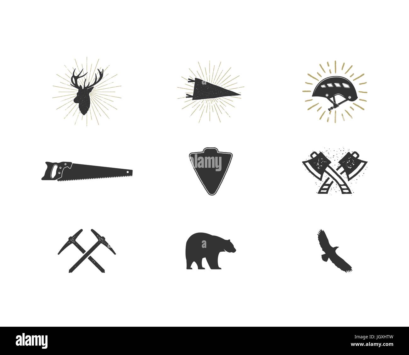 Outdoor adventure silhouette icons set. Climb and lumberjack shapes ...