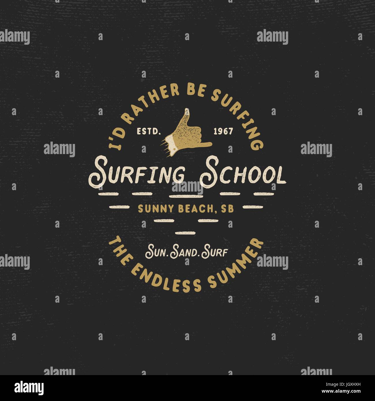 Surfing school vintage emblem. Retro logo design with shaka sign and ...