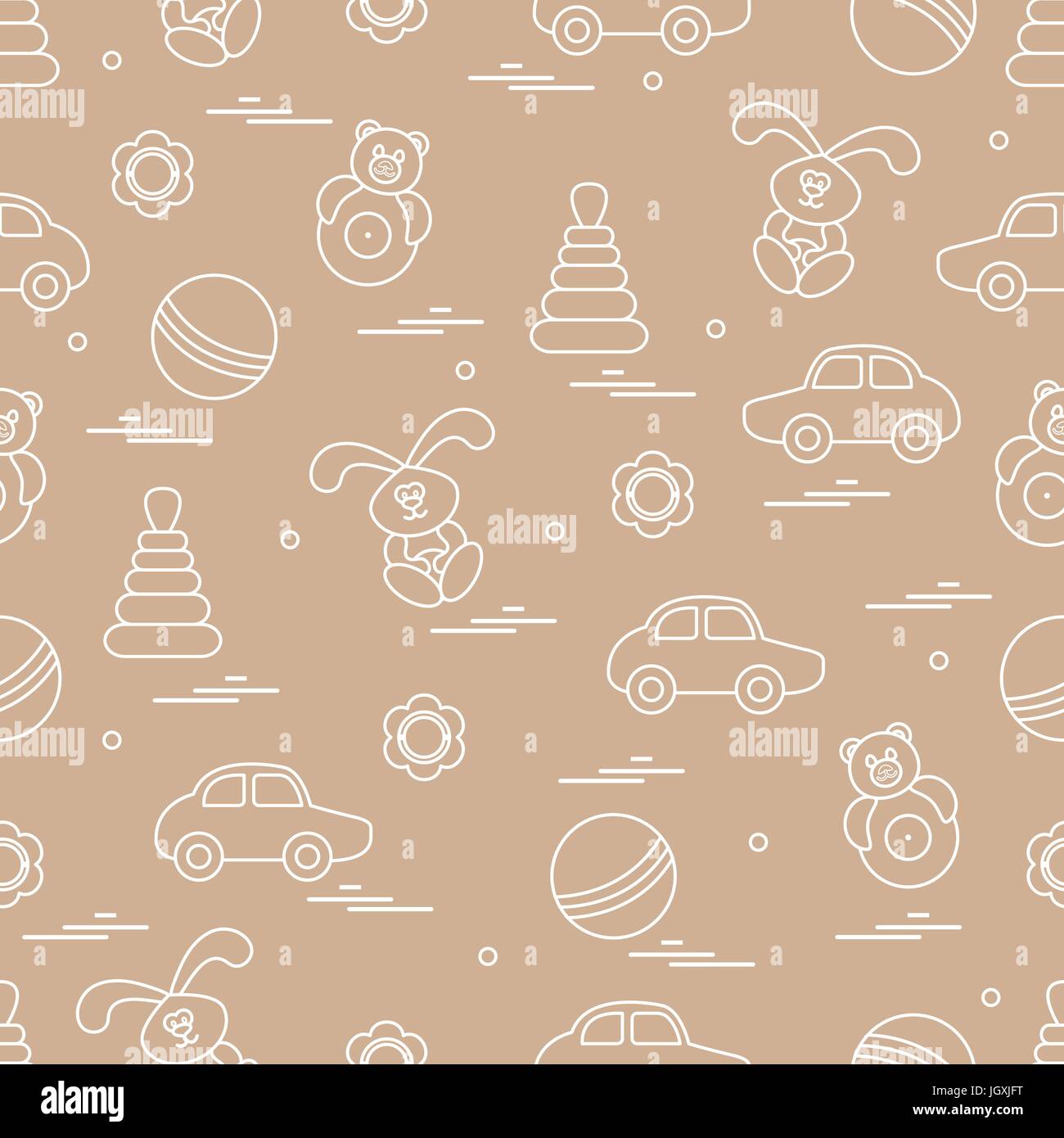 Vector pattern of different toys: car, pyramid, roly-poly, ball, hare ...