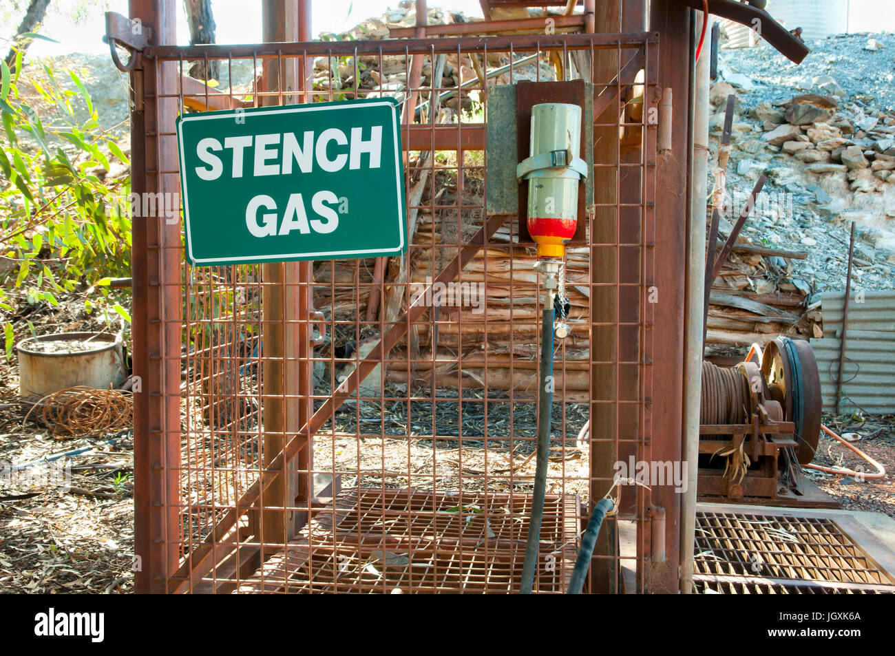 Stench Gas Sign on Old Mine Shaft Stock Photo - Alamy