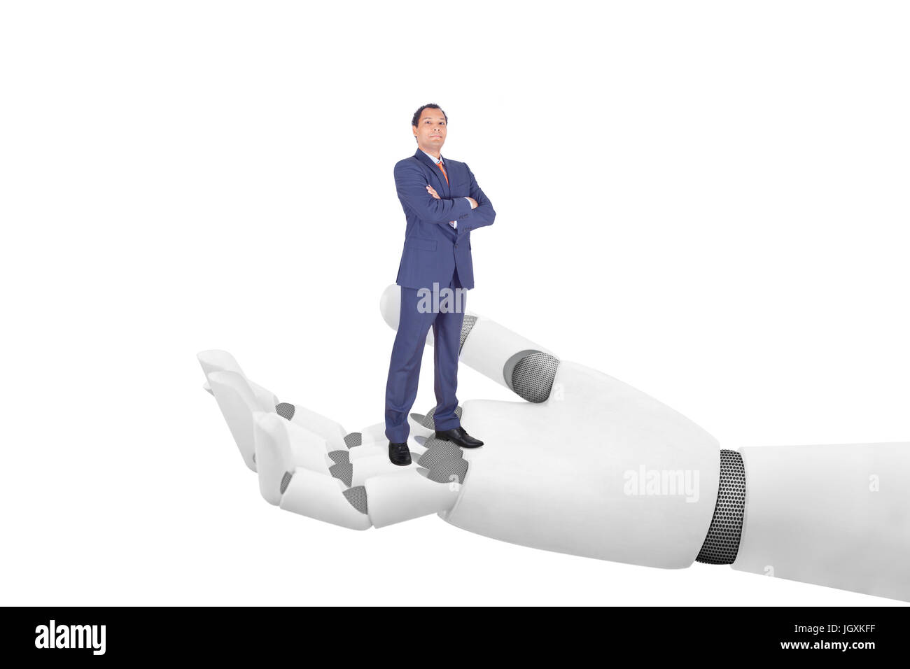 Businessman on robot hand - enabling success Stock Photo - Alamy