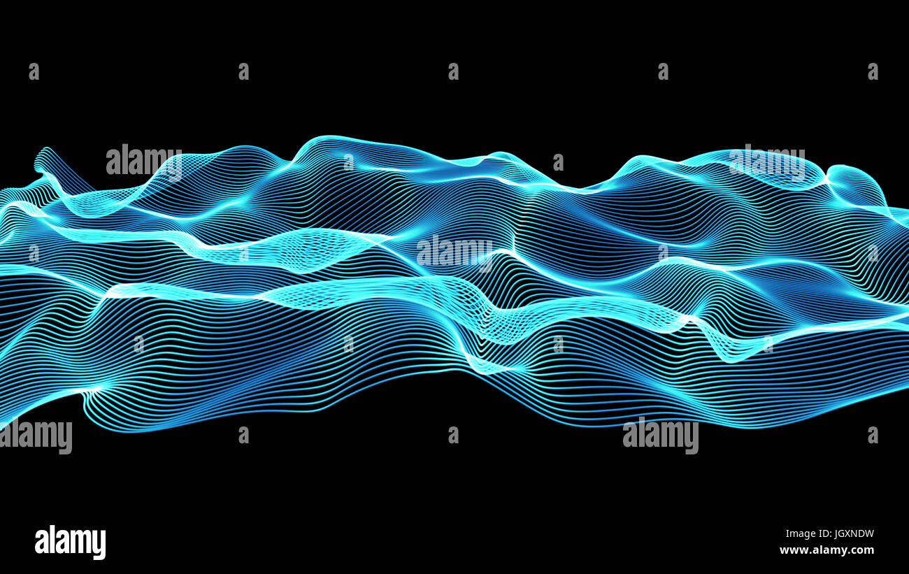 blue abstract waves on black background - shape made of lines ...