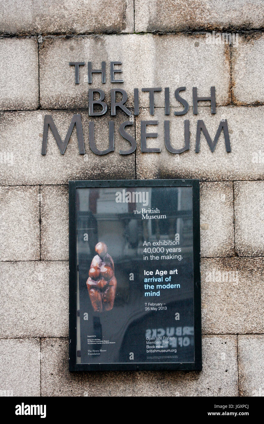 London, UK - February 7, 2013: British Museum sign on the main gate ...