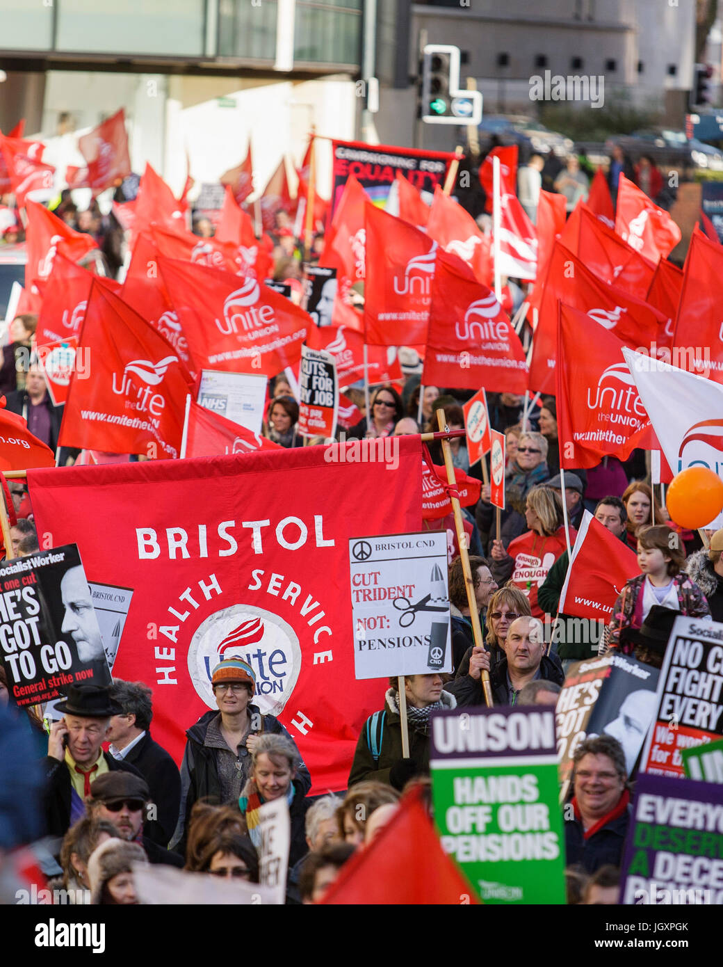 Protesters carrying union flags and placards. Public Sector workers on ...