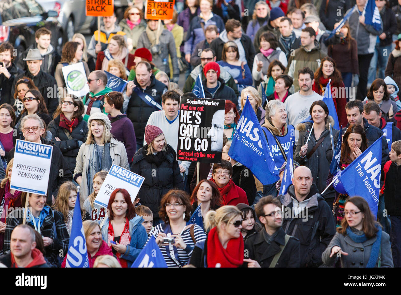 Protesters carrying union flags and placards. Public Sector workers on ...