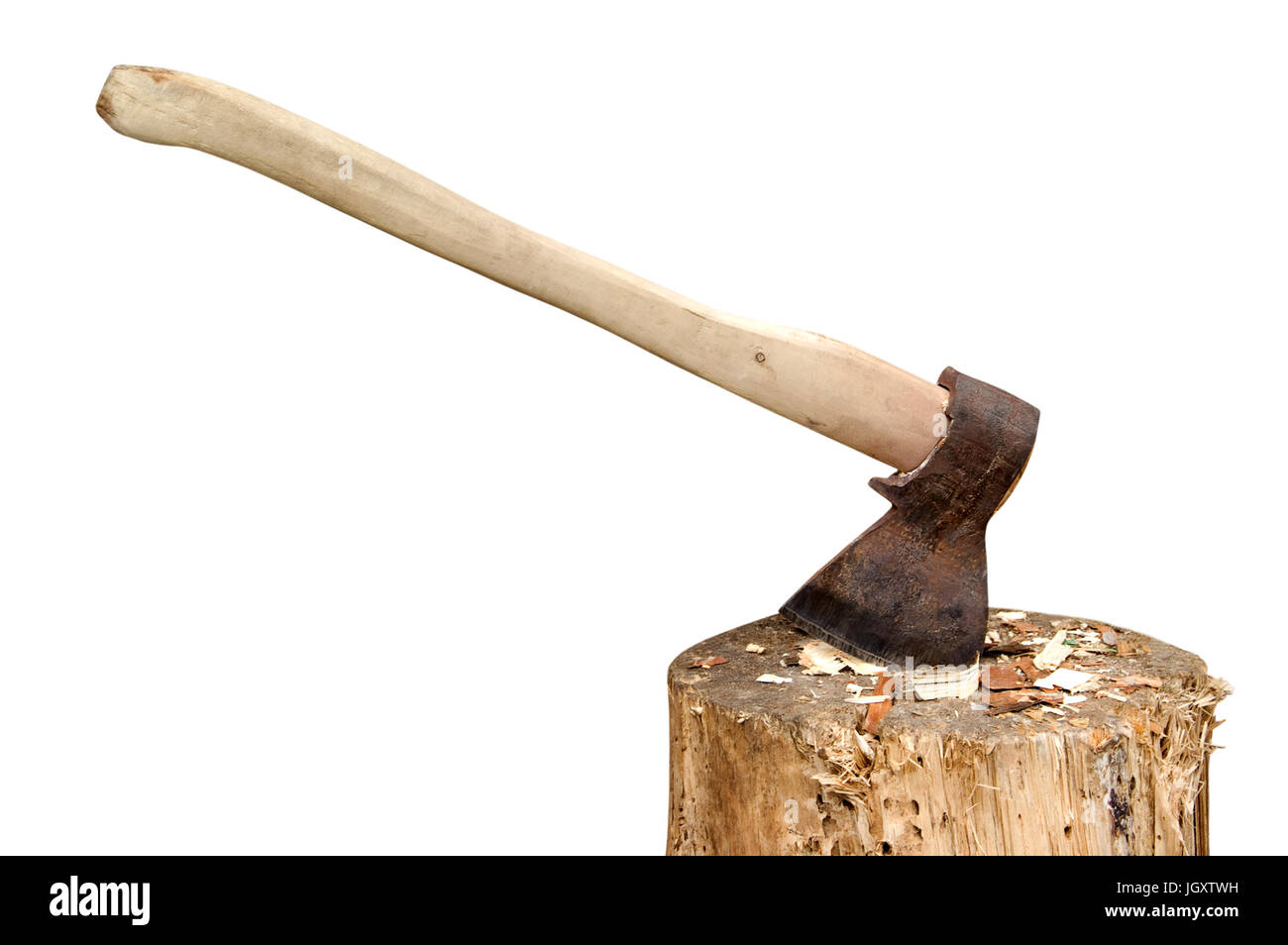 Axe in stump isolated on white background Stock Photo - Alamy