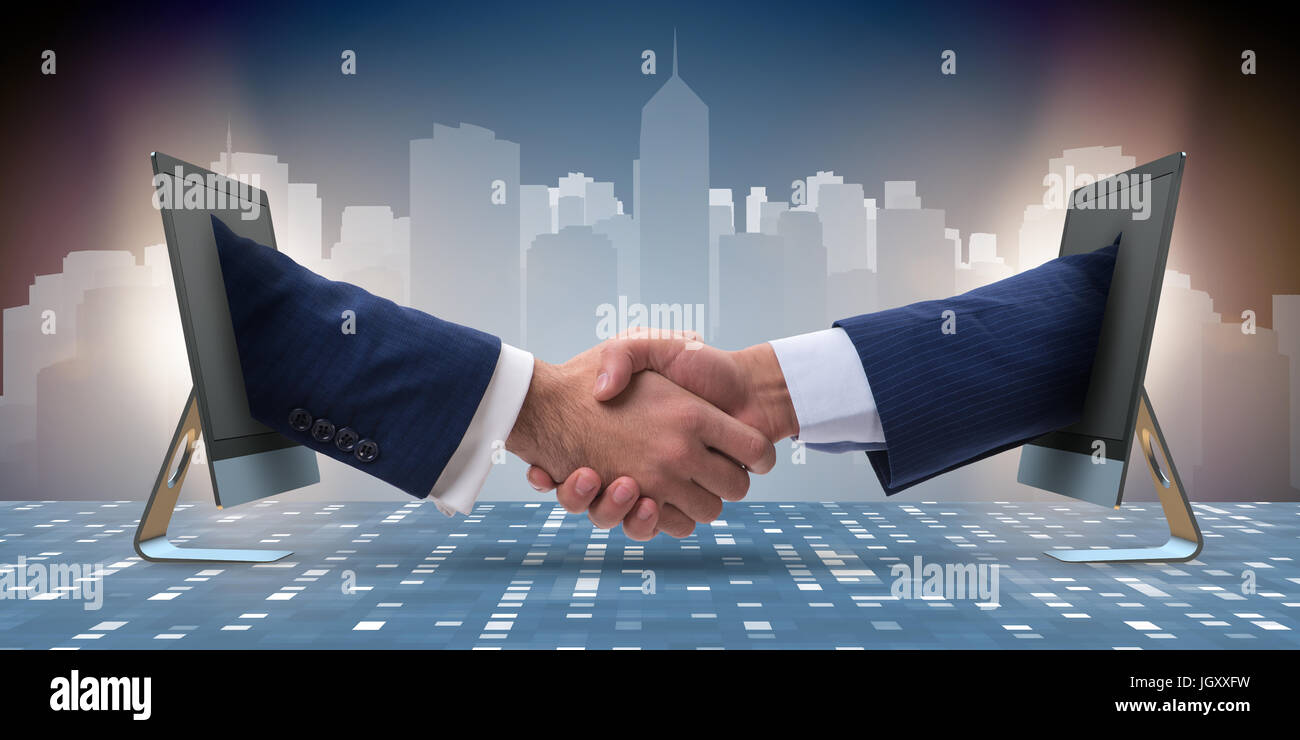 Two hands from screen in handshake concept Stock Photo - Alamy