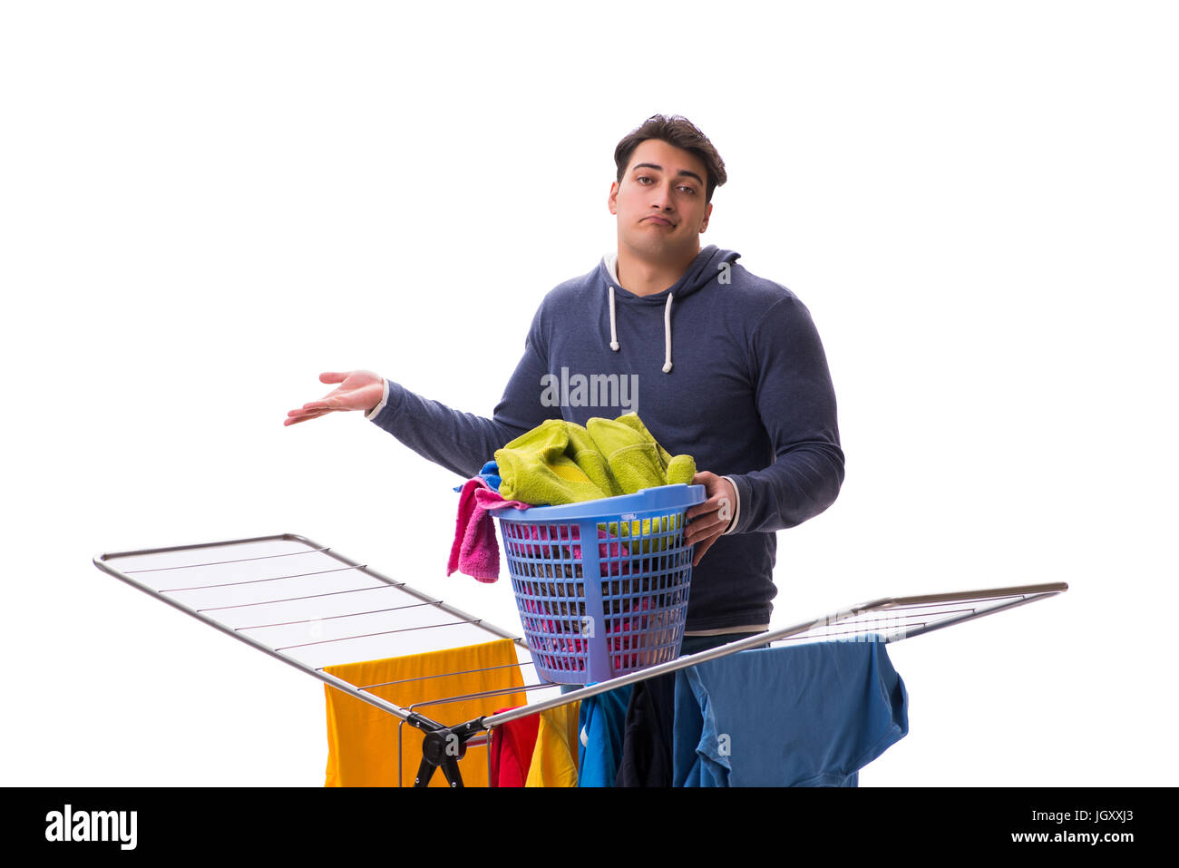 Husband man doing laundry isolated on white Stock Photo - Alamy