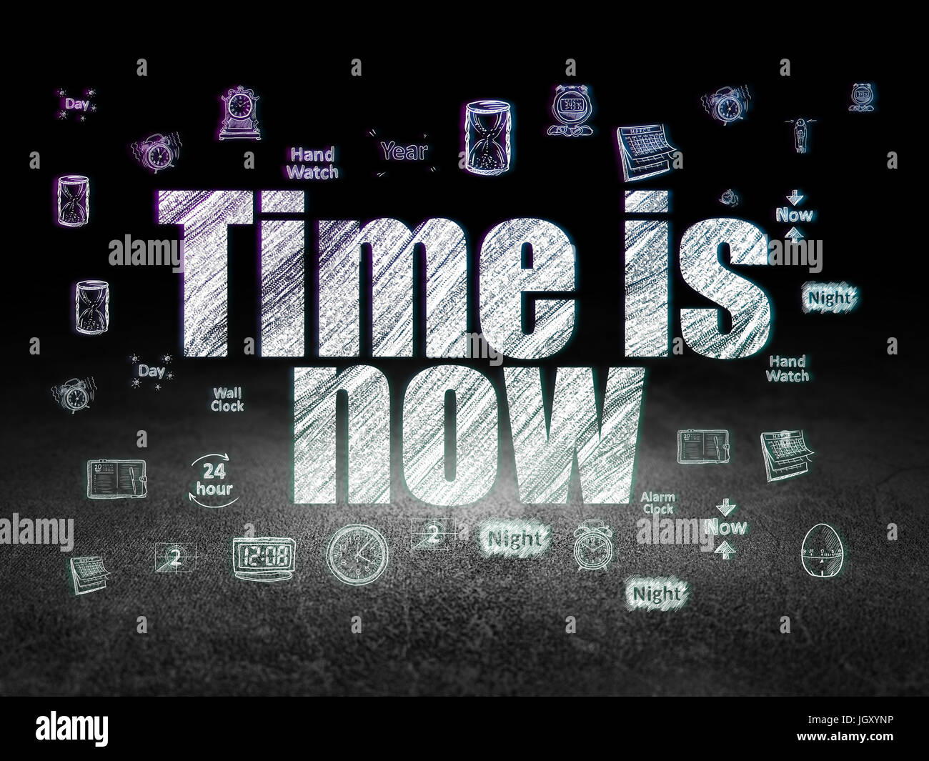 Timeline concept: Time is Now in grunge dark room Stock Photo - Alamy