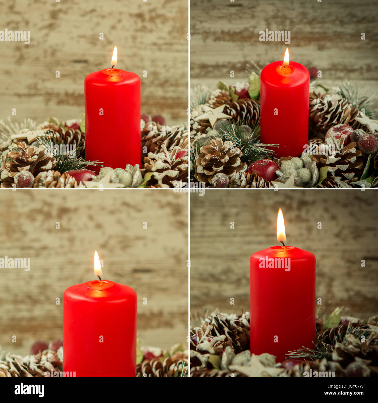 Four images with red candle lit and pinecones for Christmas on a wooden ...