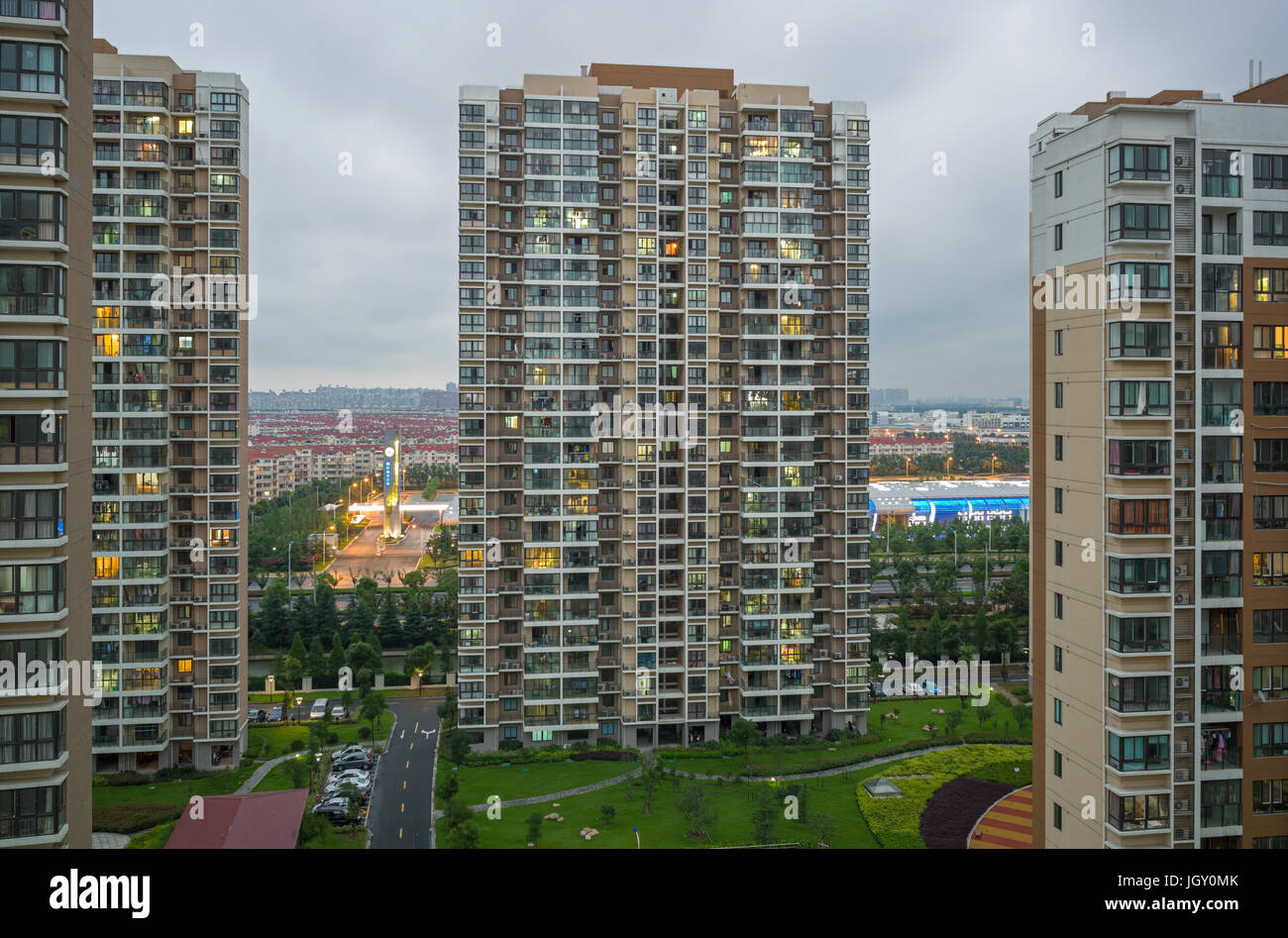High rise apartment blocks in gated development in the evening. Suzhou ...
