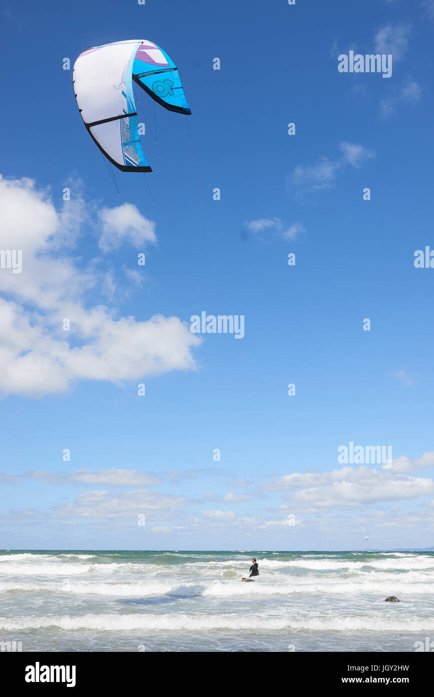 Kite surfer airborne over the sea, Hornbæk, Hovedstaden, Denmark Stock ...