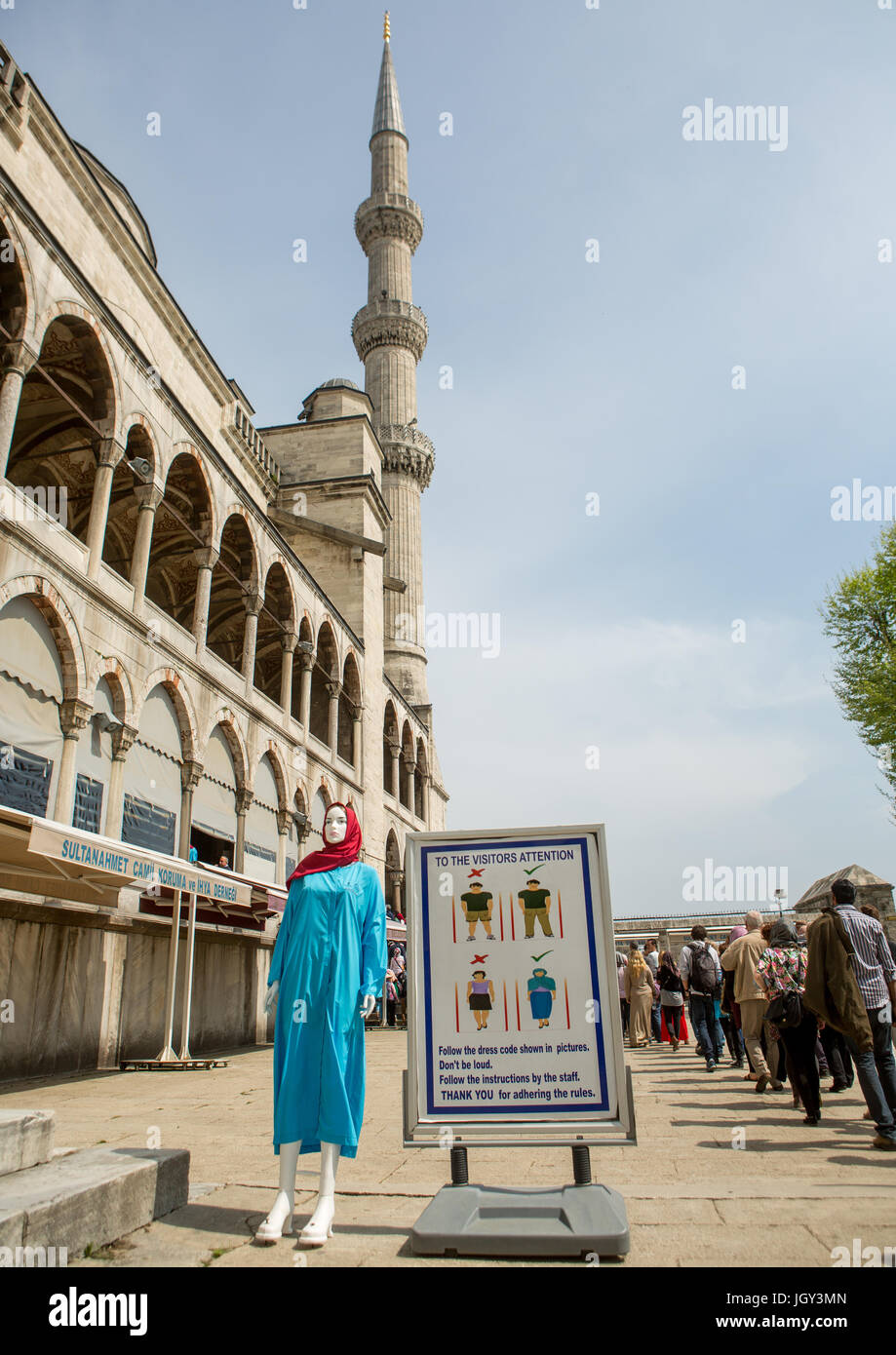 Sign showing the dress code for entry into the Blue mosque, Sultanahmet ...